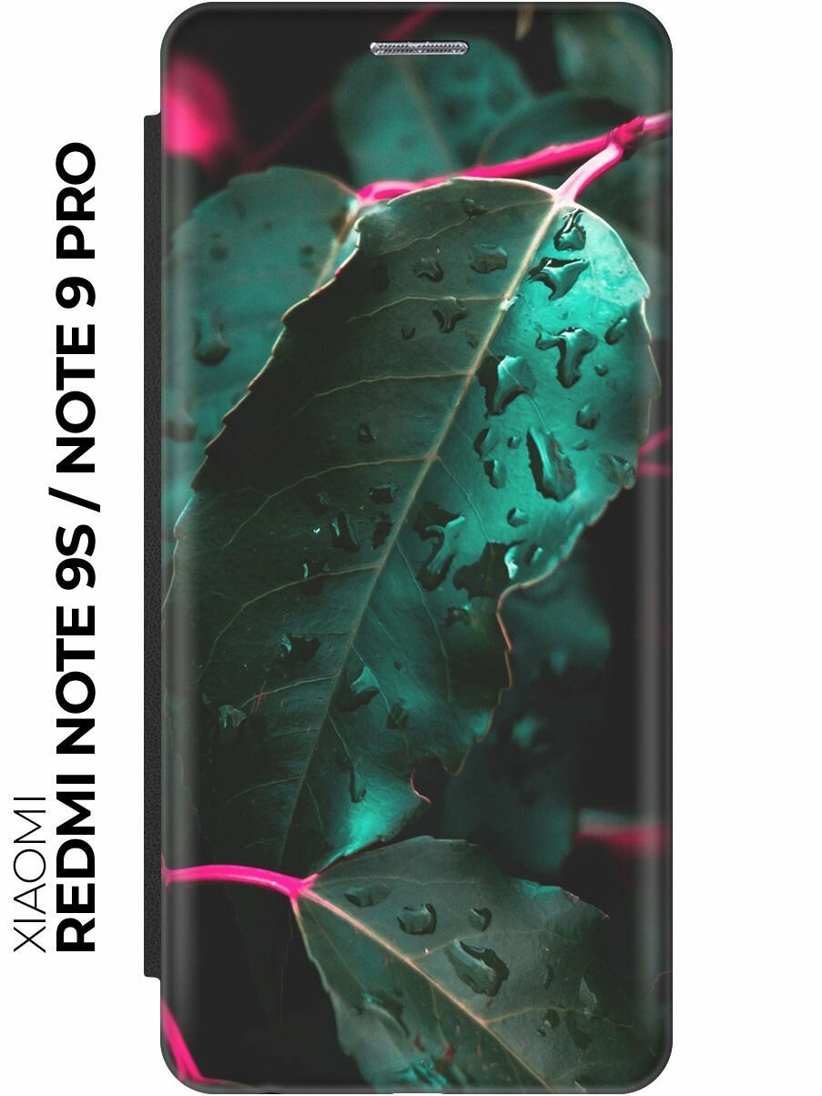 Чехол-книжка Капли на листьях на Xiaomi Redmi Note 9s / Note 9 Pro / Сяоми Редми Ноут 9с / Ноут 9 Про черный
