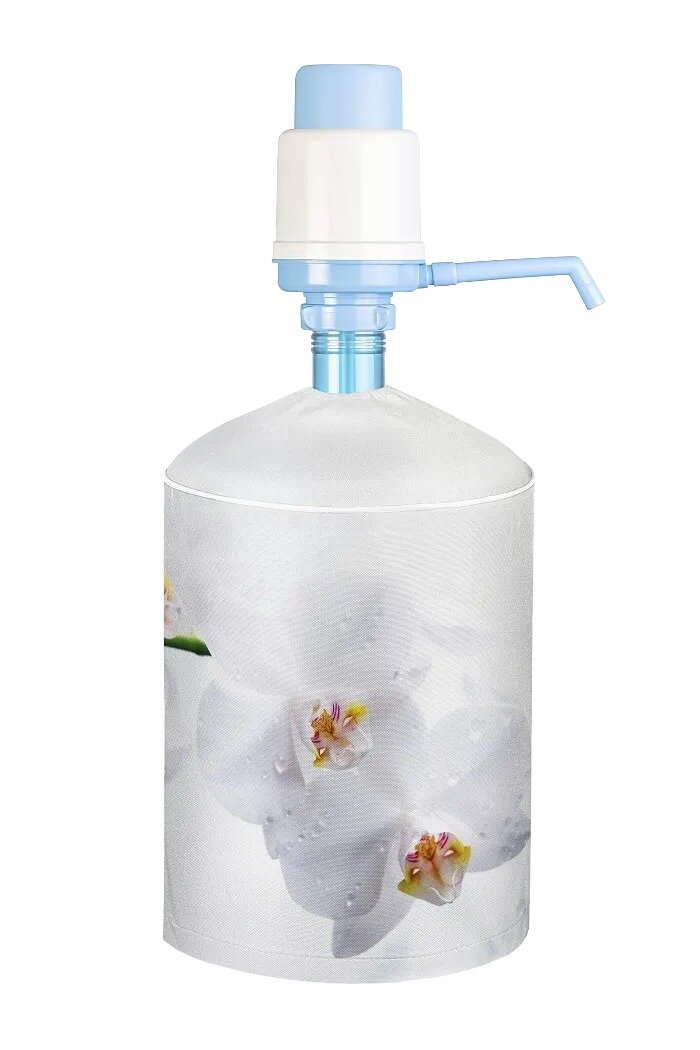 Чехол декоративный DECORATOR принт "Белая Орхидея", на помпу для бутыли 19 л, с принтом, пластиковый кант