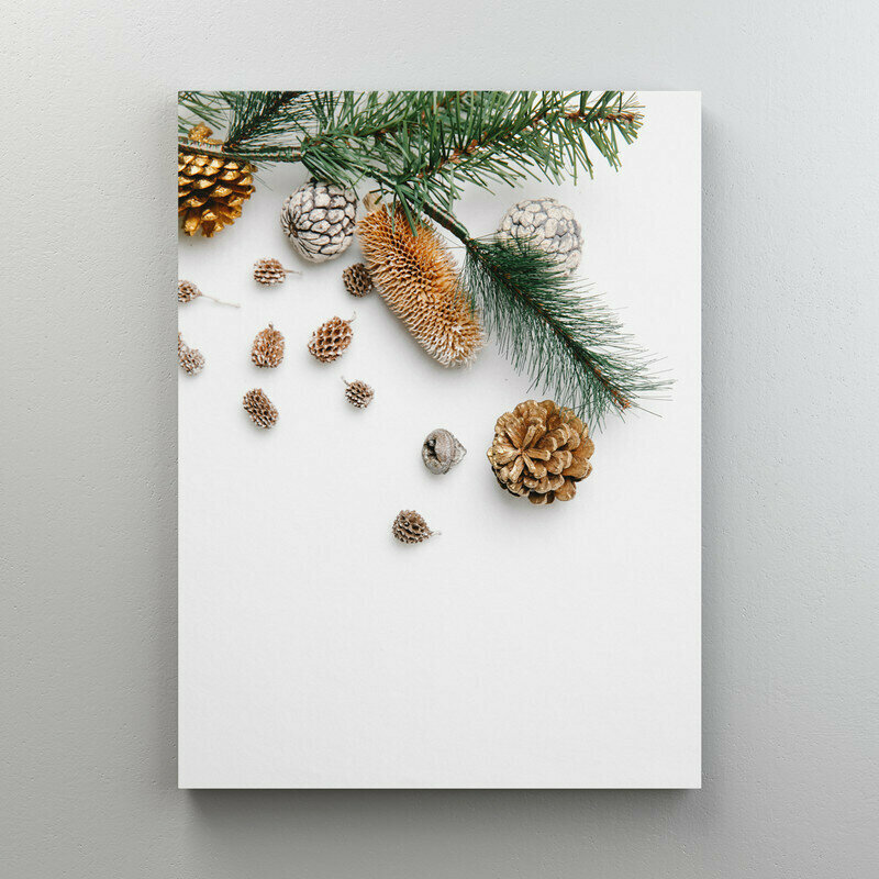 Интерьерная картина на холсте "Еловая ветвь с шишками" размер 22x30 см
