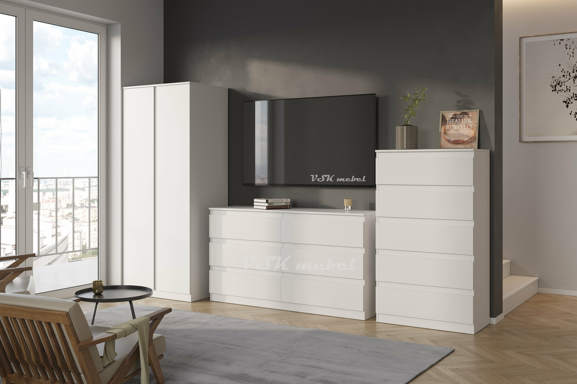 Стенка в гостинную, гостиная STERN, Белый , 317,4х200,3х58,3 см (ШхВхГ)