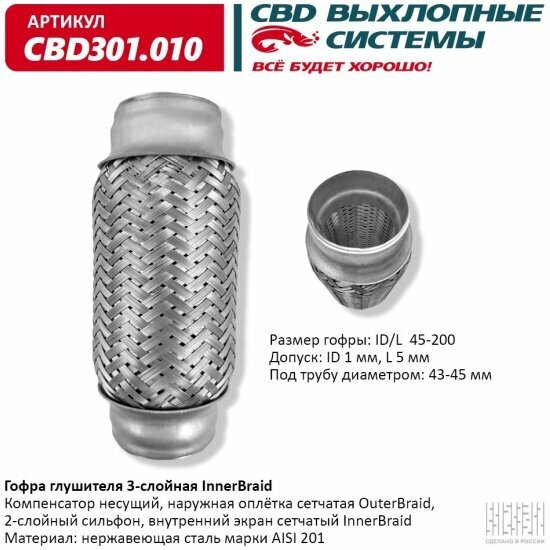 Гофра глушителя 3-слойная Cbd InnerBraid 45-200, 301.010
