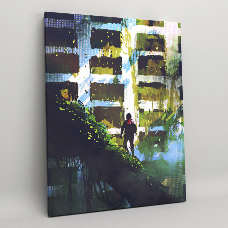 Картина на холсте (интерьерный постер) "Сталкер изучает заброшки", с деревянным подрамником, размер 22x30 см