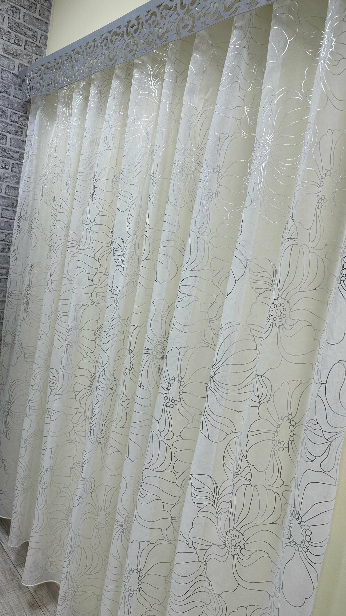 Льняной тюль цветы серебро, 5м ширина, высота 2,7м