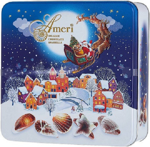 Ameri Жестяная Новогодняя коробка 500г конфеты шоколадные ракушки (201876)