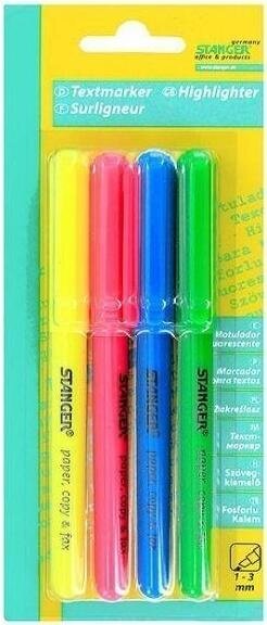 Stanger 18-00-99 Набор тонких текстмаркеров, ширина линии 1-3 мм, 4 шт, с европодвесом stanger