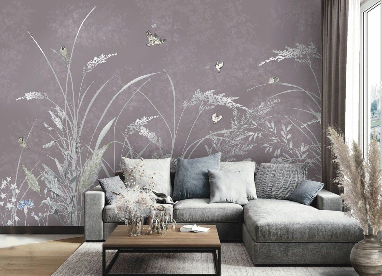 Обои бесшовные Летний сад воробьи пудровые текстура листья (ширина 2550мм х длина 4500мм)