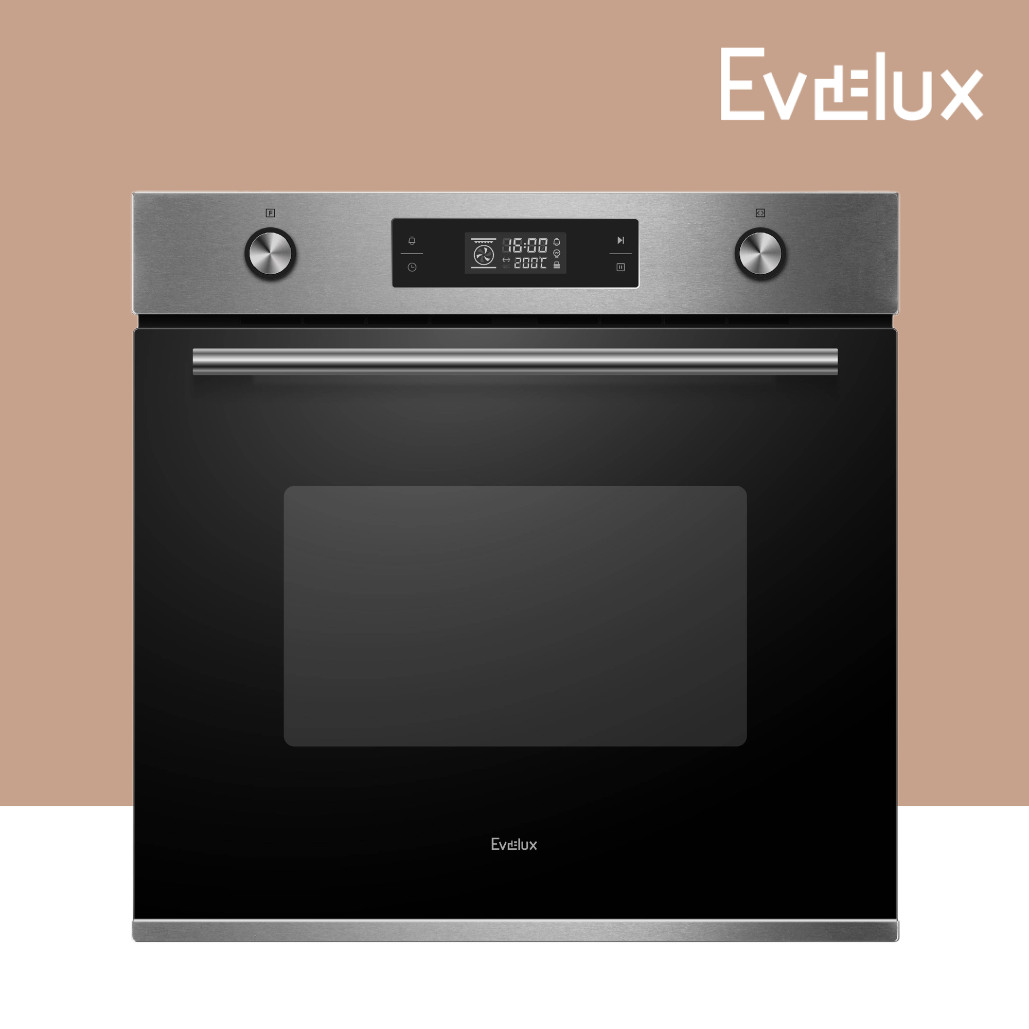 Электрический духовой шкаф Evelux EO 650 PX ширина 60 см, объем 70 л, гриль, конвекция, 9 режимов, нержавеющая сталь