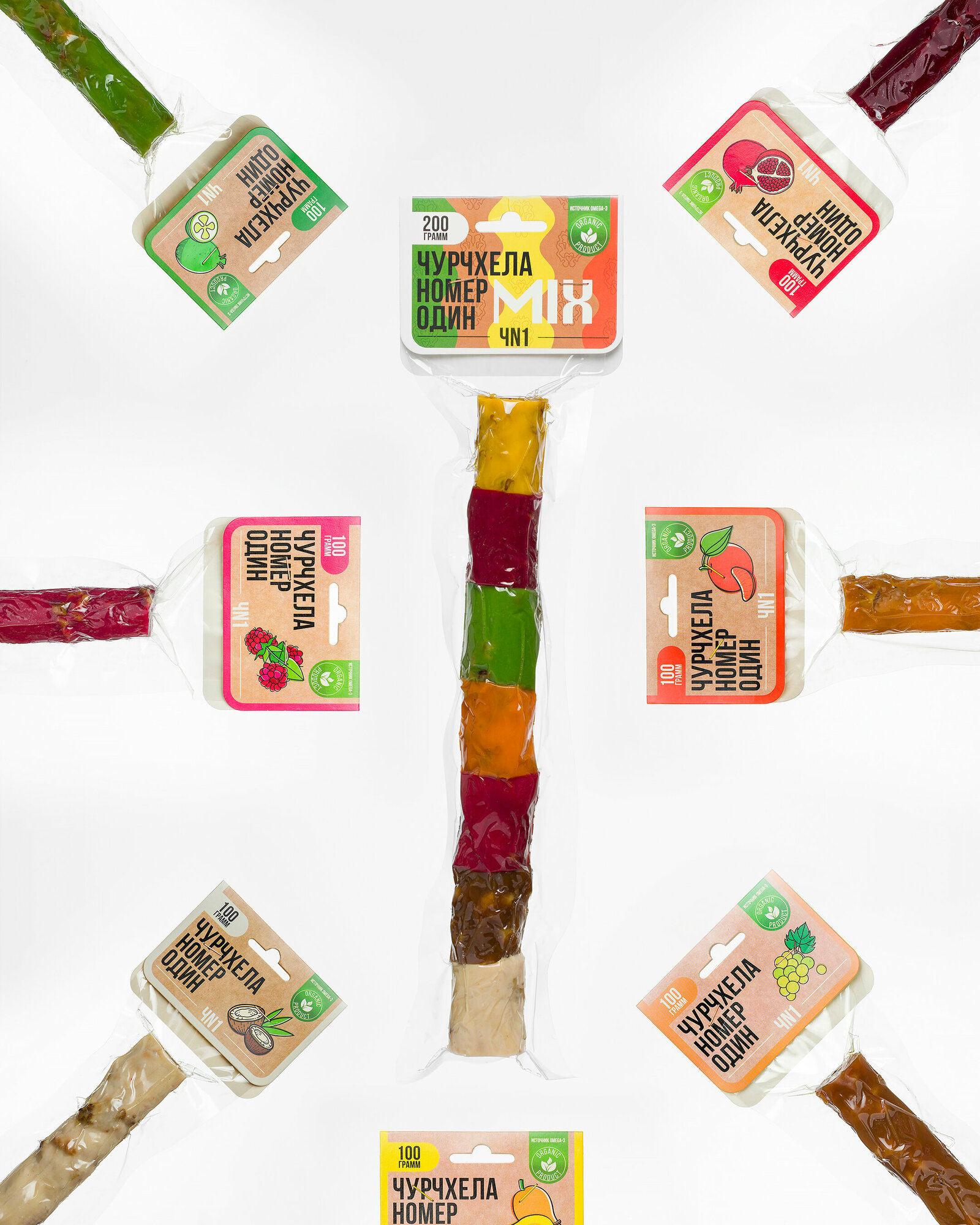 ЧУРЧХЕЛА НОМЕР ОДИН MIX (ассорти: микс грецкий орех, миндаль гранат, кокос, черный виноград) 800 грамм