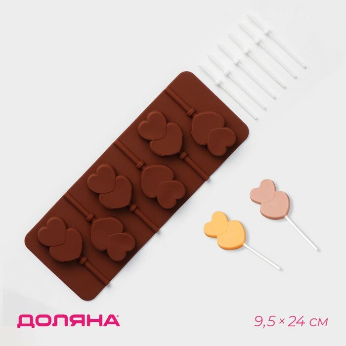 Форма для леденцов Доляна Влюблённость, силикон, 9.5×24×1 см, 6 ячеек (4.2×3.3 см), с палочками, микс