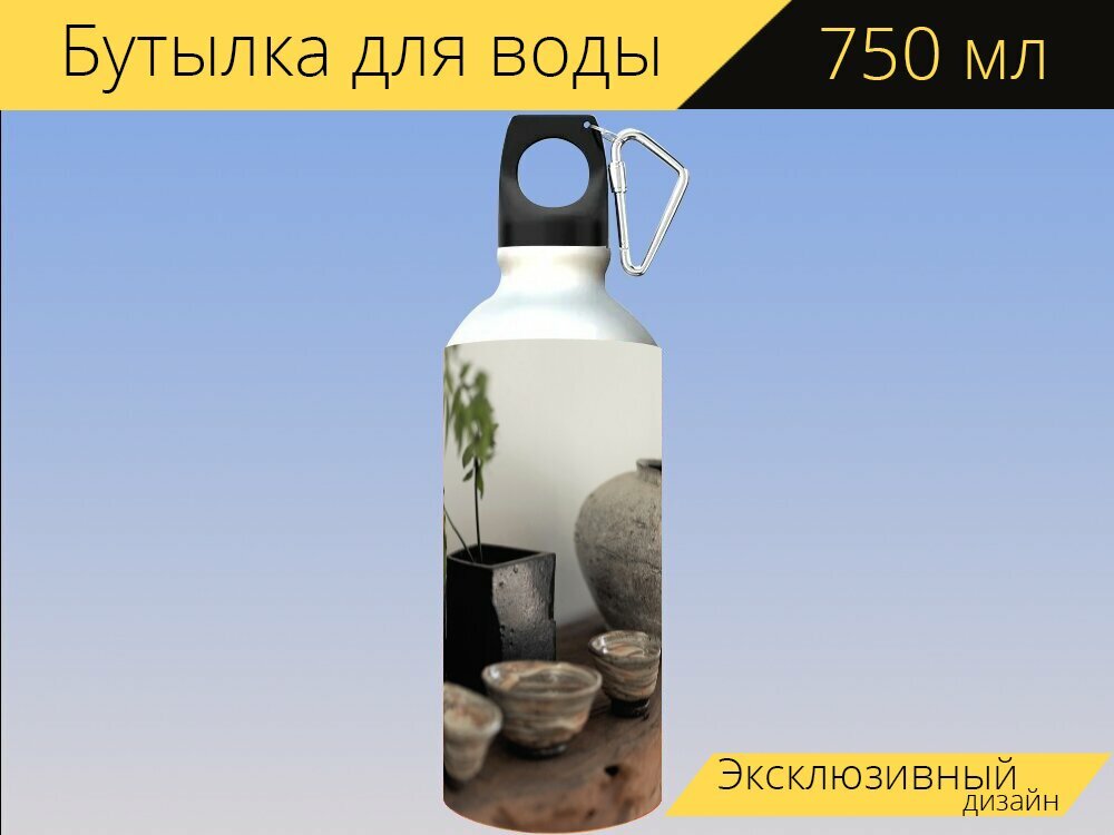 Бутылка фляга для воды "Керамический, керамические изделия, фарфоровых изделий" 750 мл. с карабином и принтом