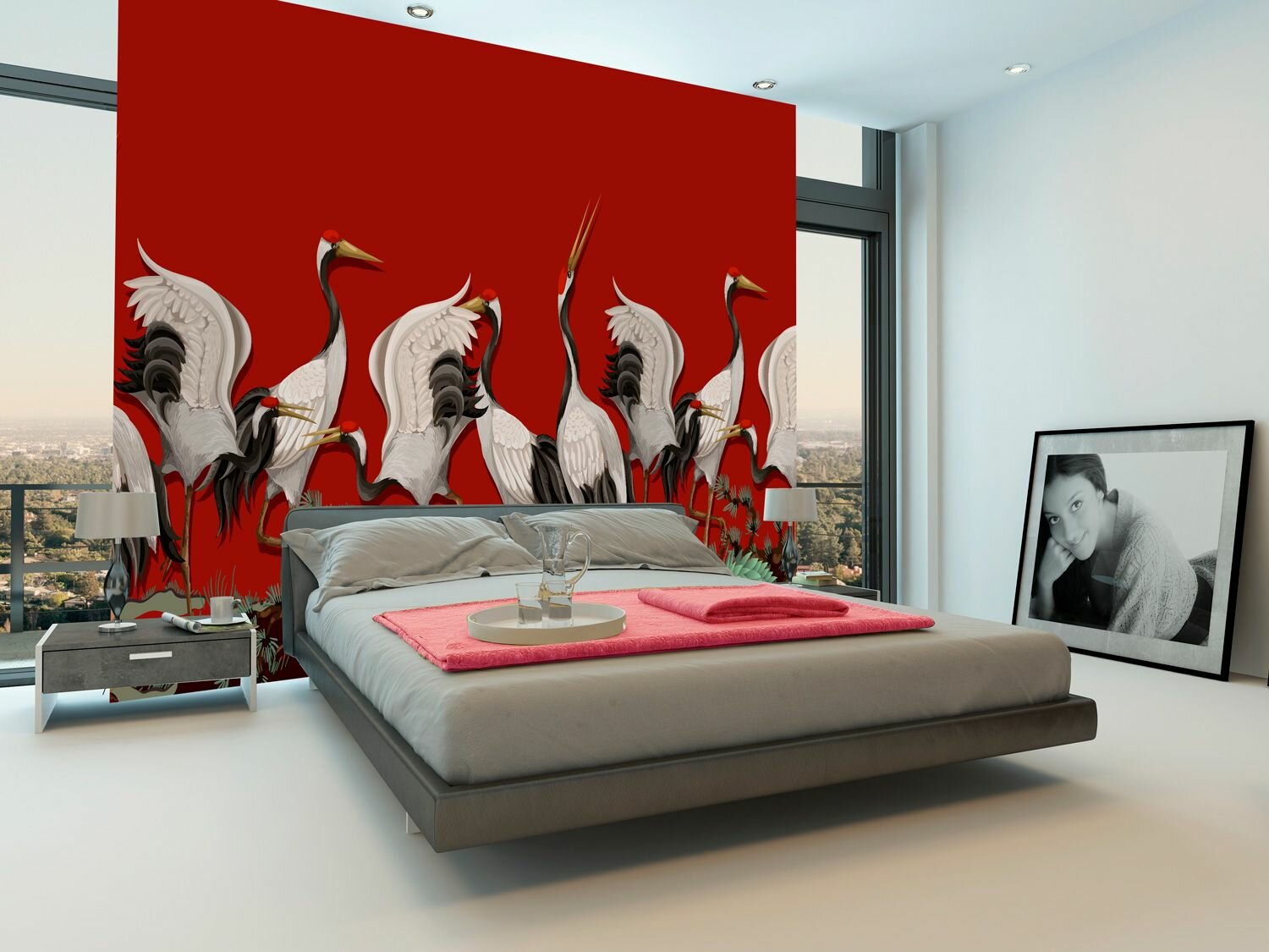 Фотообои 3d на стену флизелиновые HARMONY Аисты на красном фоне 300х270 см HD3-137 фото обои на стену 3д