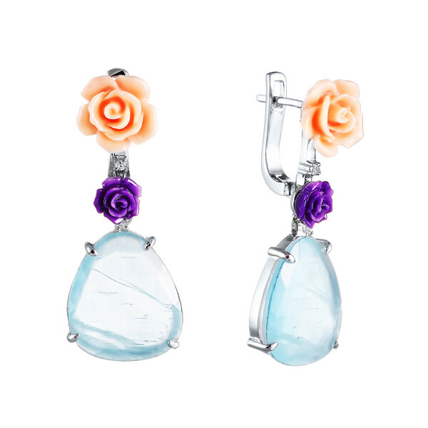 Серьги, серебро, 925 проба, фианит, аквамарин