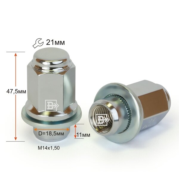 Гайка колесная M14 x 1,5 х 47 хром, пресс-шайба, аналог Toyota 90942-01103 (Land Cruiser 100, 200, Lexus 570), D=18.5 мм)