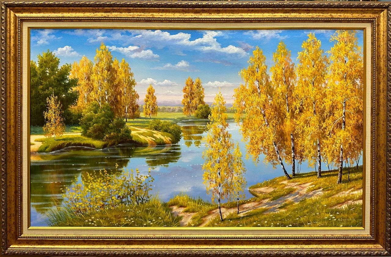 Картина маслом, осенний пейзаж "Осенью на реке"
