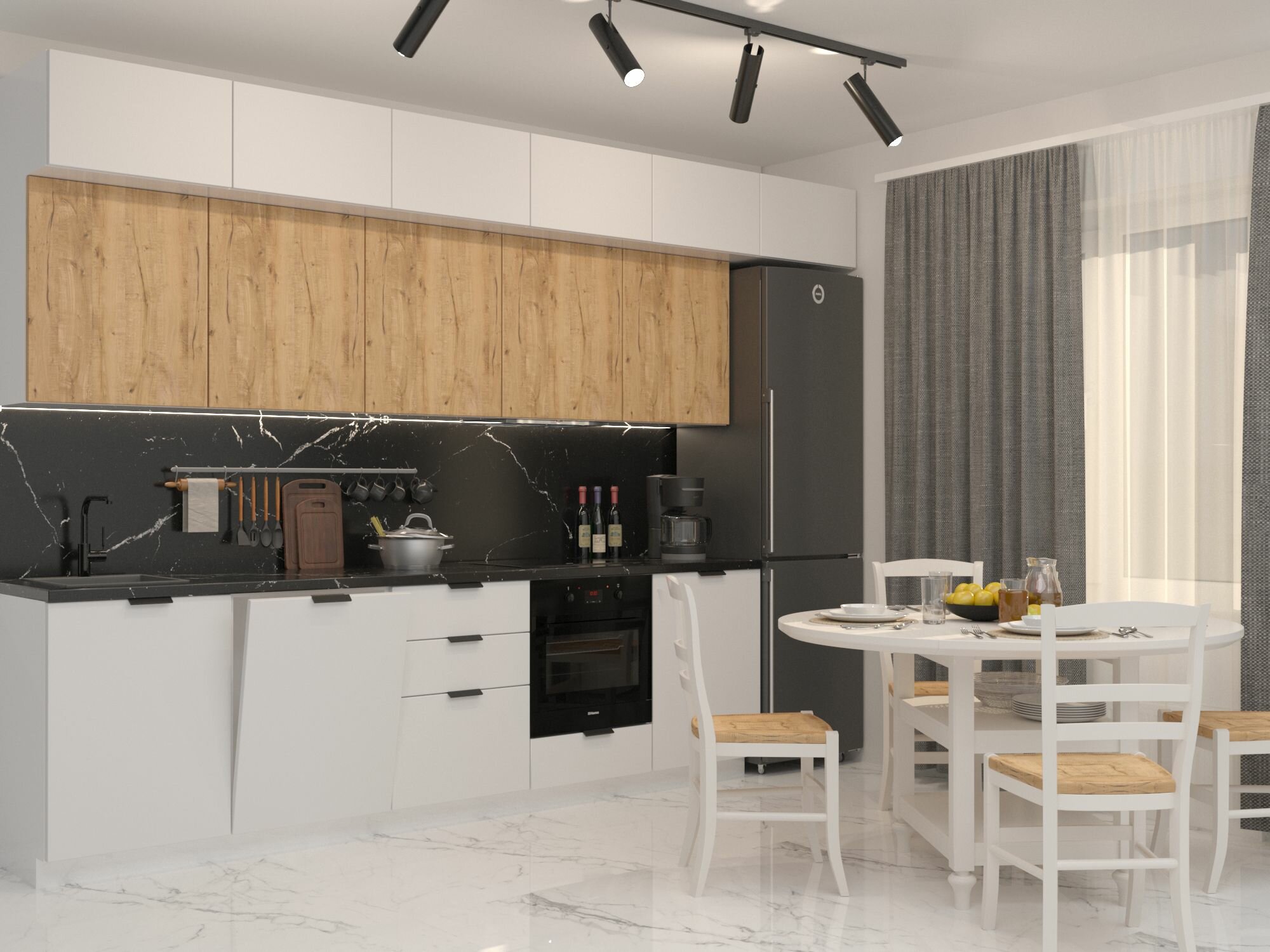 Кухонный гарнитур Фьюжн Silky White/Флэт Wotan Oak 2S, 3600 мм