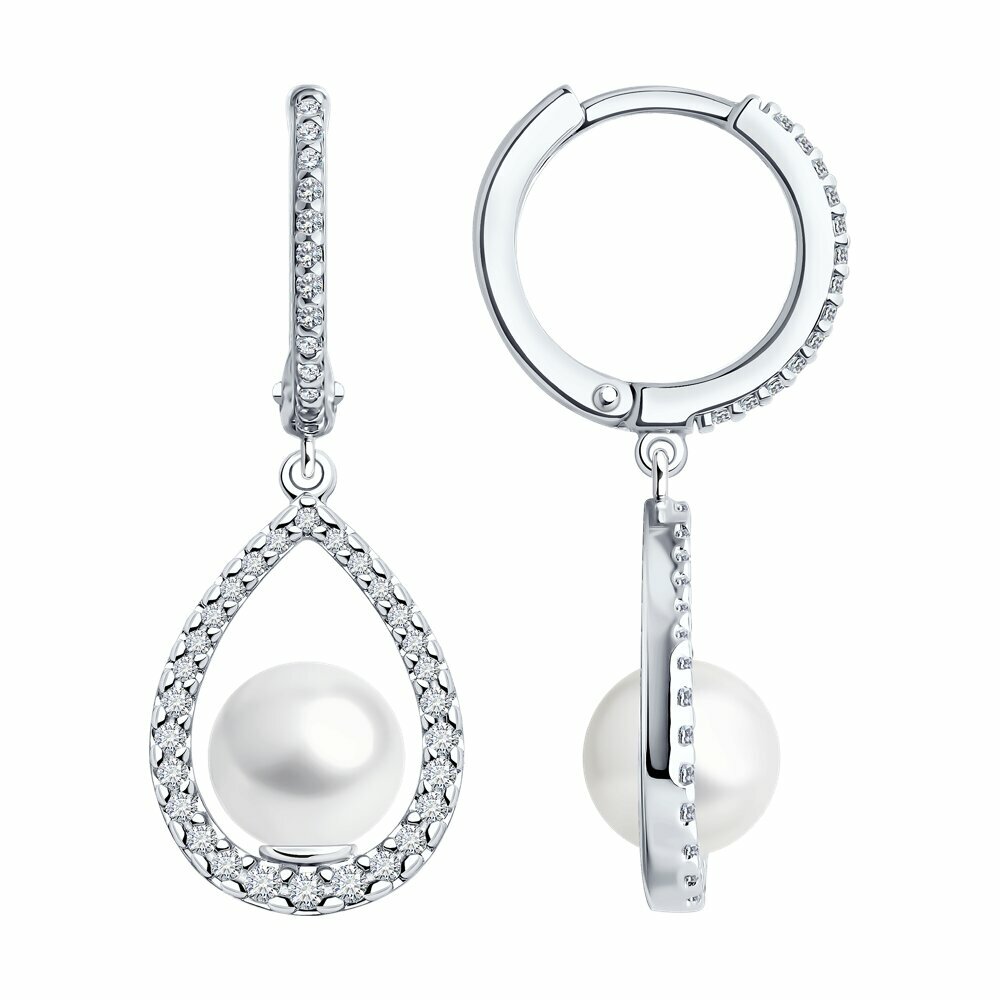 Серьги, серебро, 925 проба, родирование, жемчуг имитация, фианит