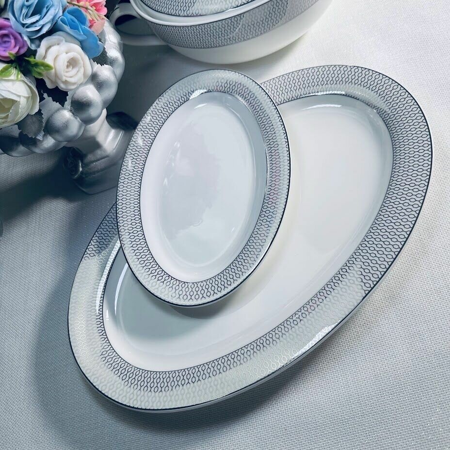 Овальное блюдо сервировочное 35,5см Севилья Серебро в подарочной упаковке Костяной Фарфор Lenardi