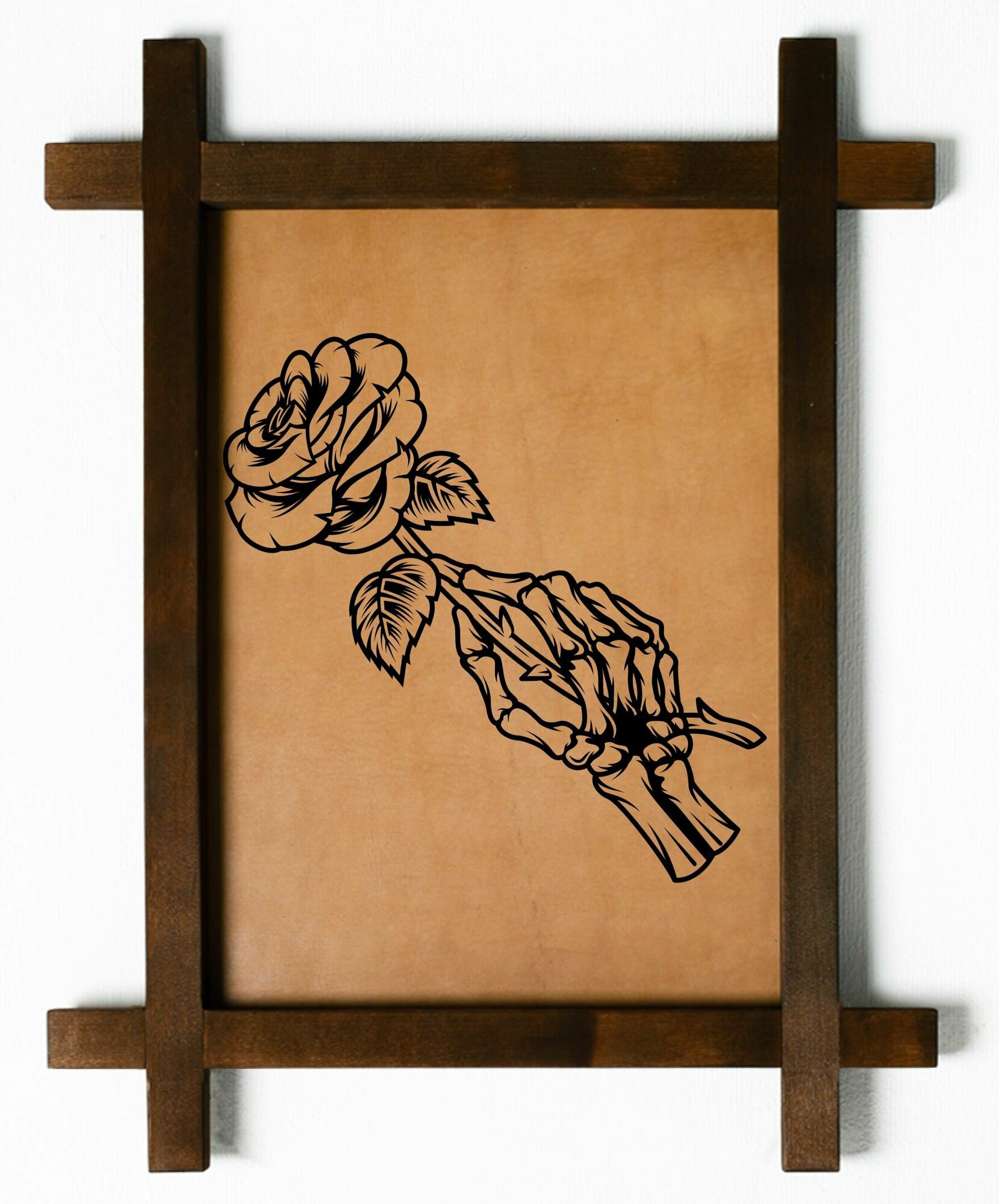 Интерьерная картина из натуральной кожи "Роза в руке скелета", декоративное настенное панно в деревянной раме, BoomGift