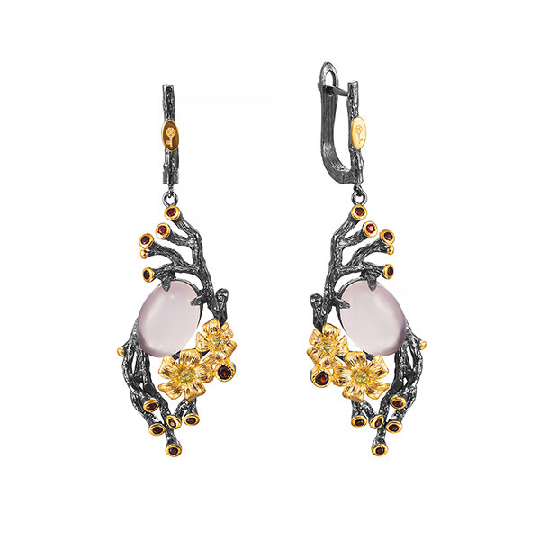 Серьги, серебро, 925 проба, гранат, перидот, кварц