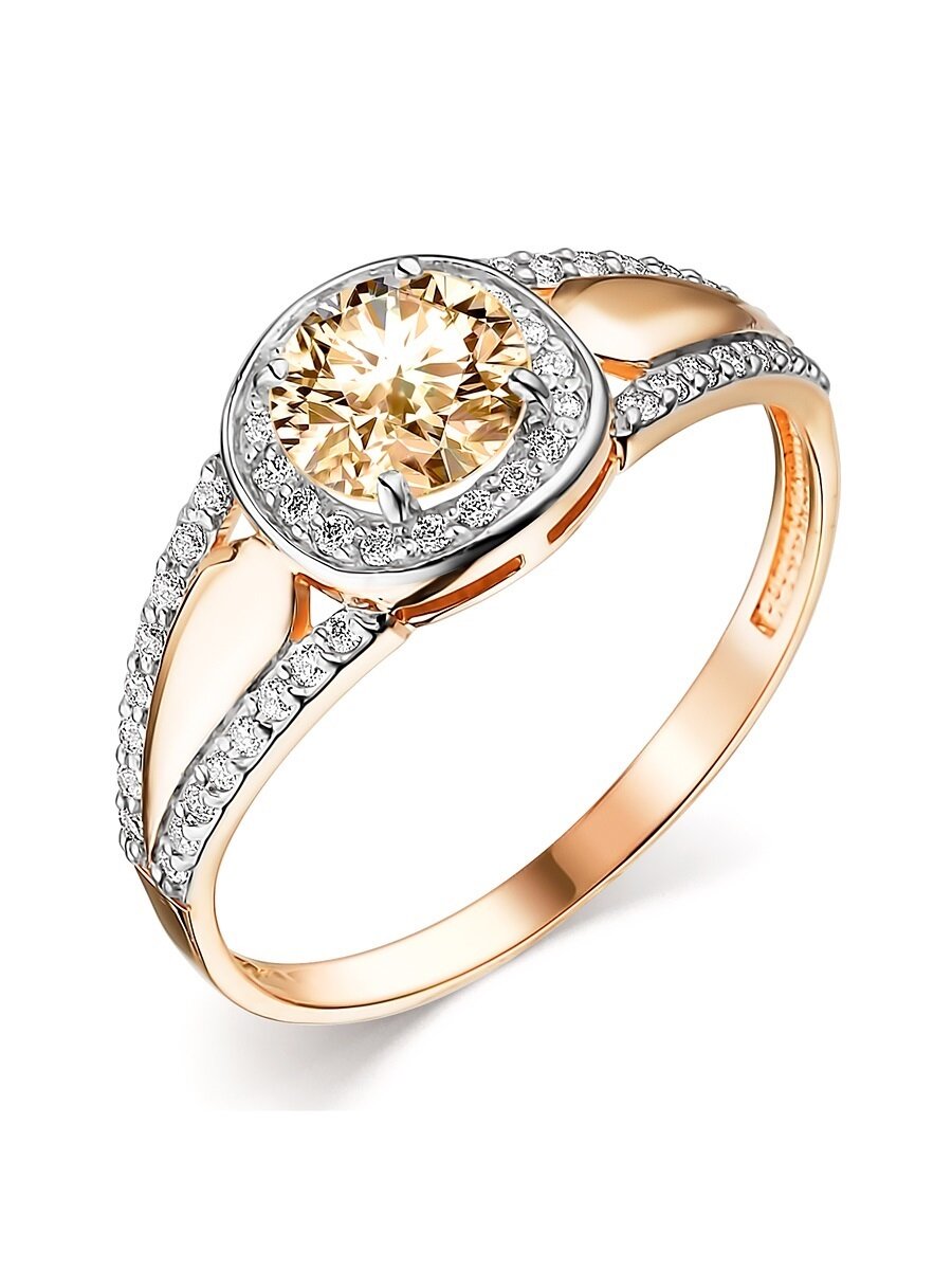 Кольцо широкое, красное золото, 585 проба, родирование, Swarovski Zirconia