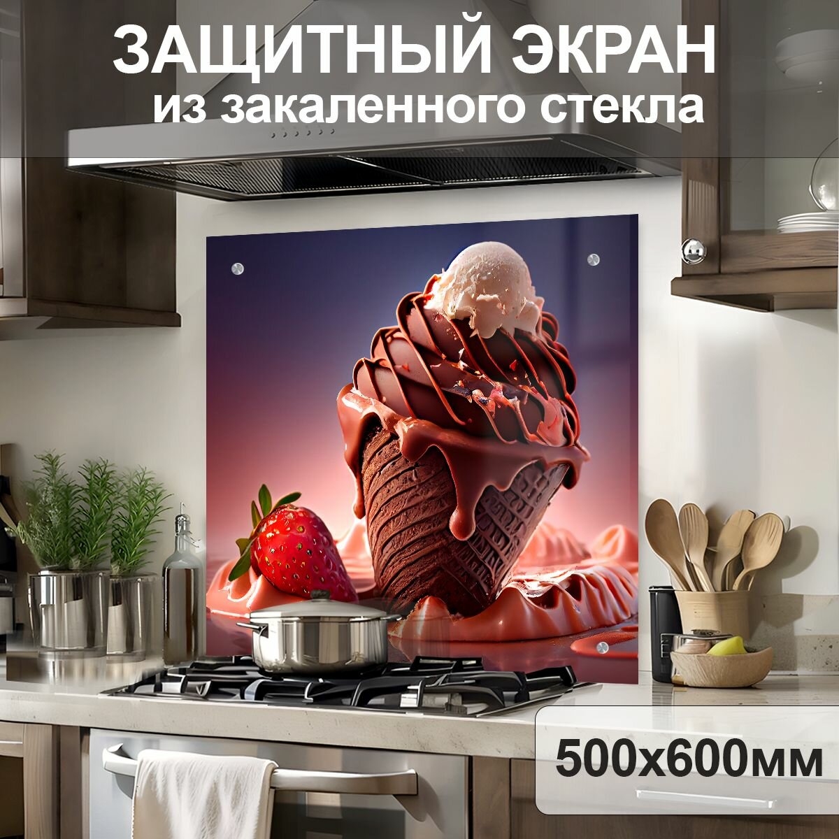 Защитный экран от брызг на плиту 600х500х4мм. Стеновая панель для кухни из закаленного стекла. Фартук для кухни на стену