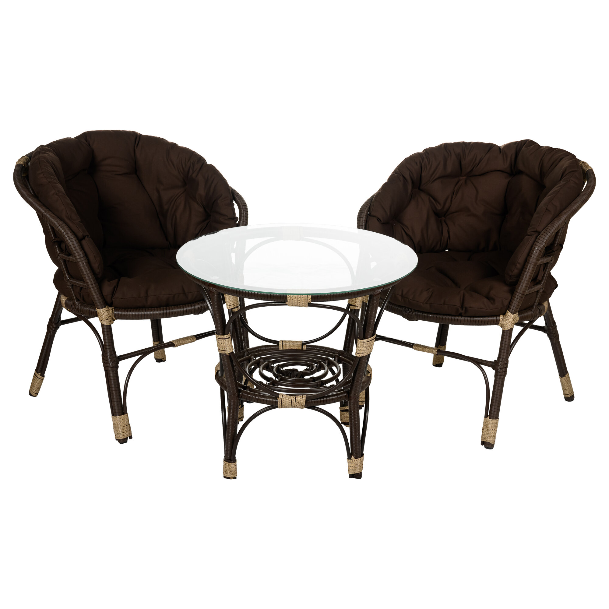 Набор мебели Багамы Лайт арт. BG3325 коричневый, коричневый 5у(1штаб-2 кресл+2уп подуш+стол+стекл), иск ротанг корич, подуш корич) (Б)