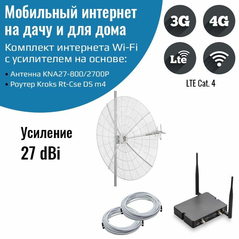 Мобильный интернет на даче, за городом 3G/4G/WI-FI, Комплект роутер Kroks m4 с антенной KNA27-800/2700P