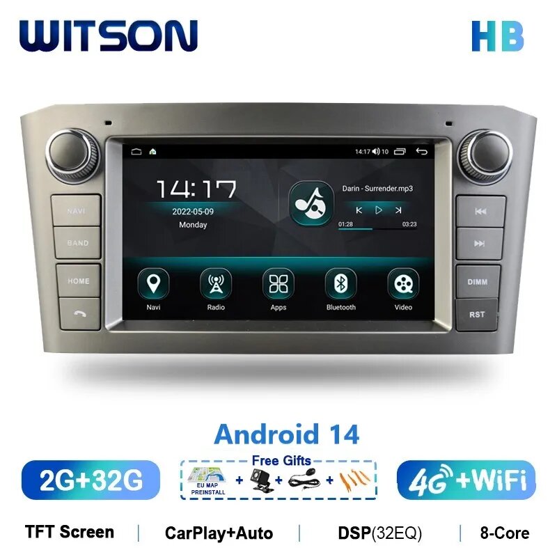 Автомагнитола WITSON на Android 14 для TOYOTA AVENSIS T25 2005 2006 2007 Carplay GPS Navi Мультимедиа Wi-Fi HB 2G 32G Carplay