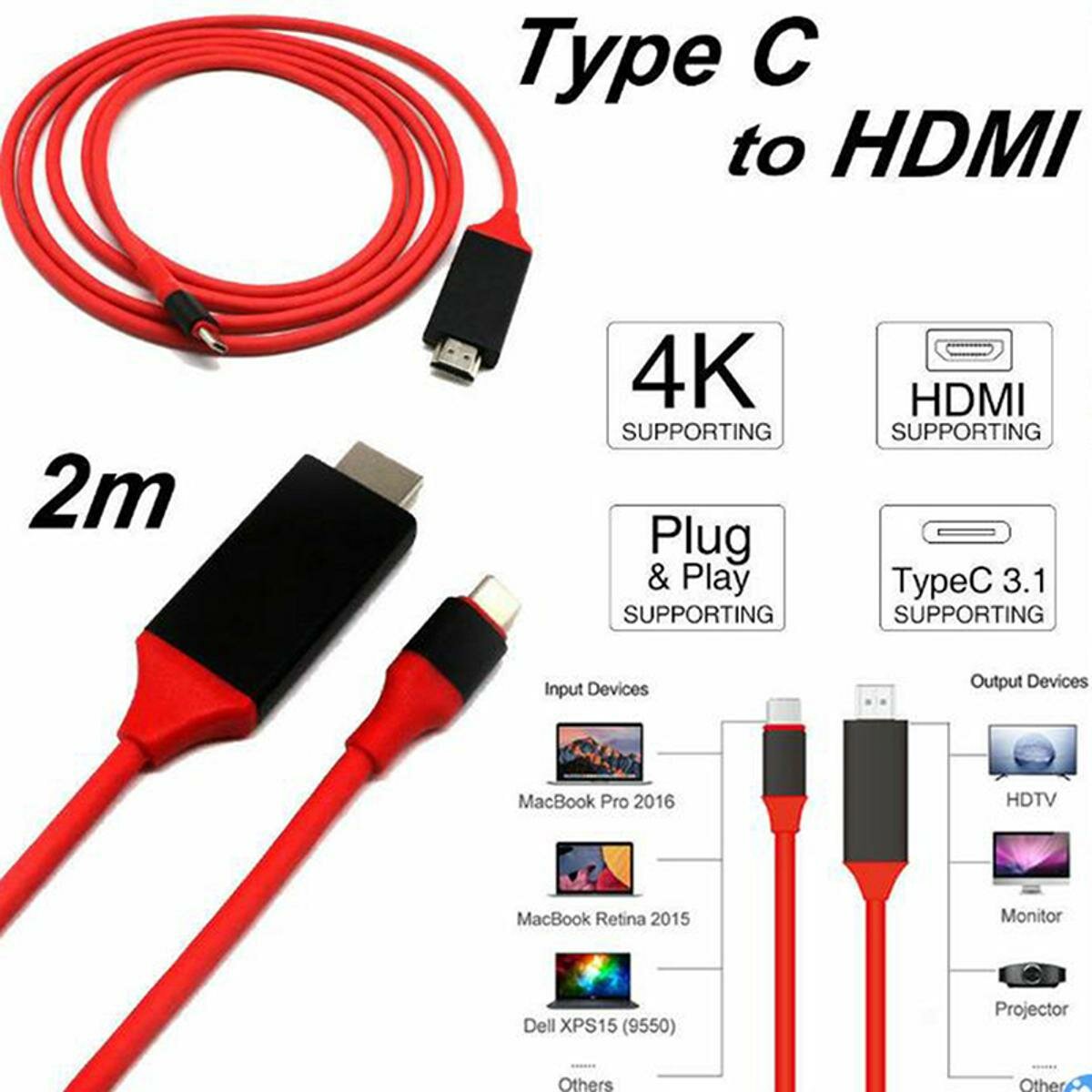 Кабель USB-C Type C - HDMI AV TV адаптер USB 3.1 Plug And Play 4K HD видеокабель