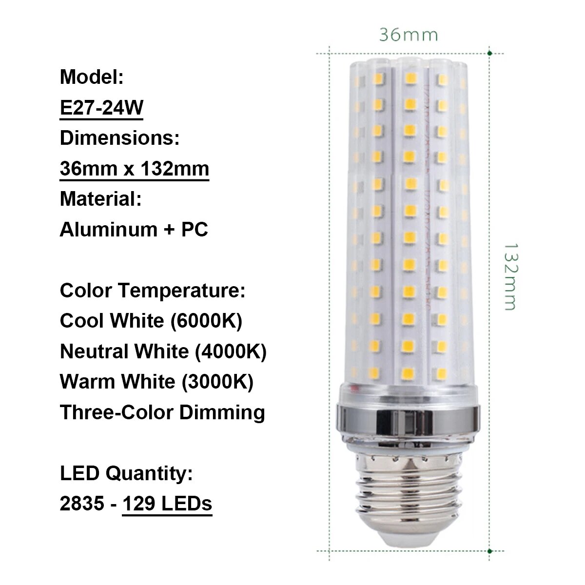 LED лампа E27 24W, 6000K, Cool White, 132x36mm
