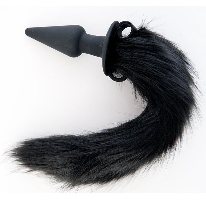 Черная анальная силиконовая пробка с черным хвостом ,39 см