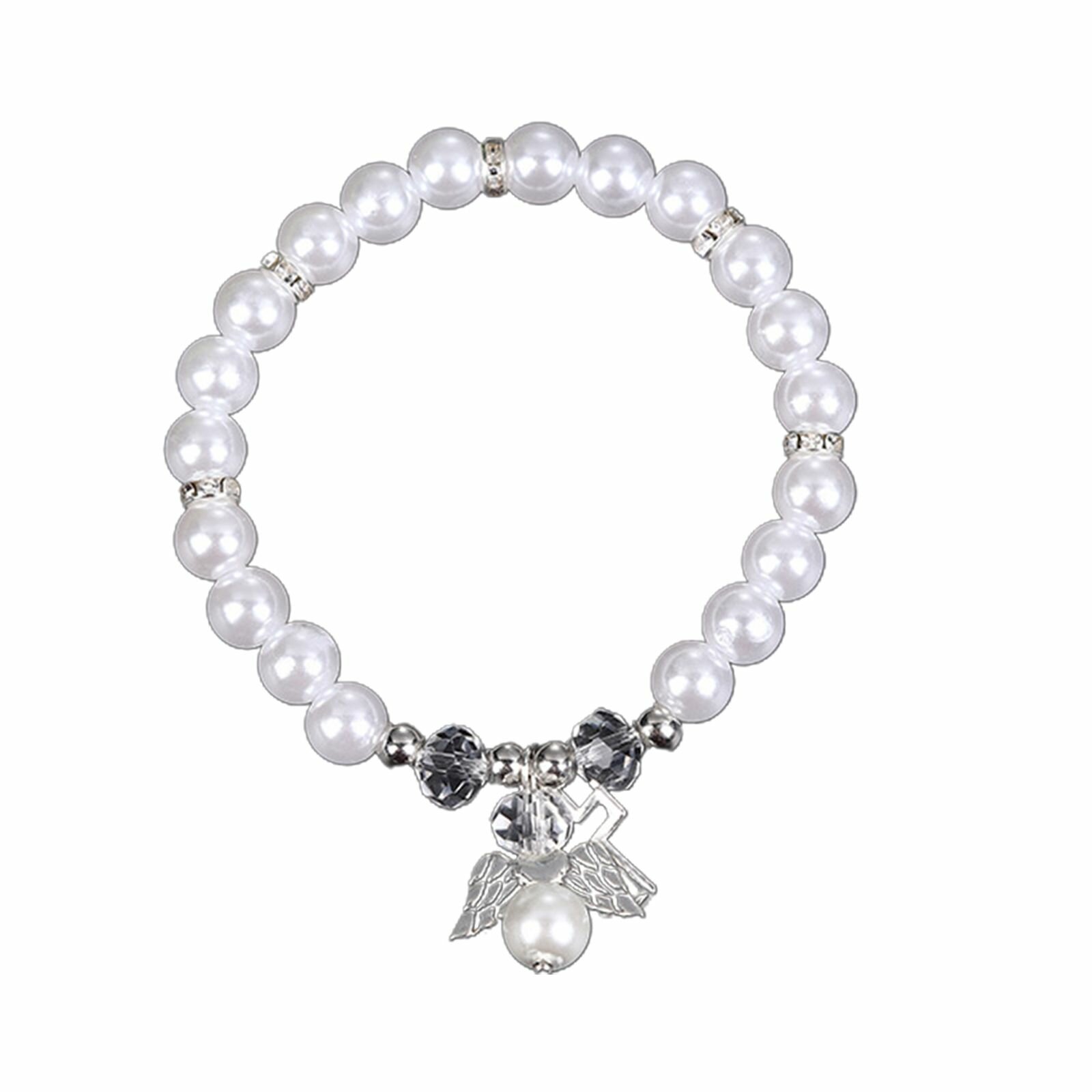 Браслет с крестом в виде маленького ангела из 1 нитки жемчуга-серебряный