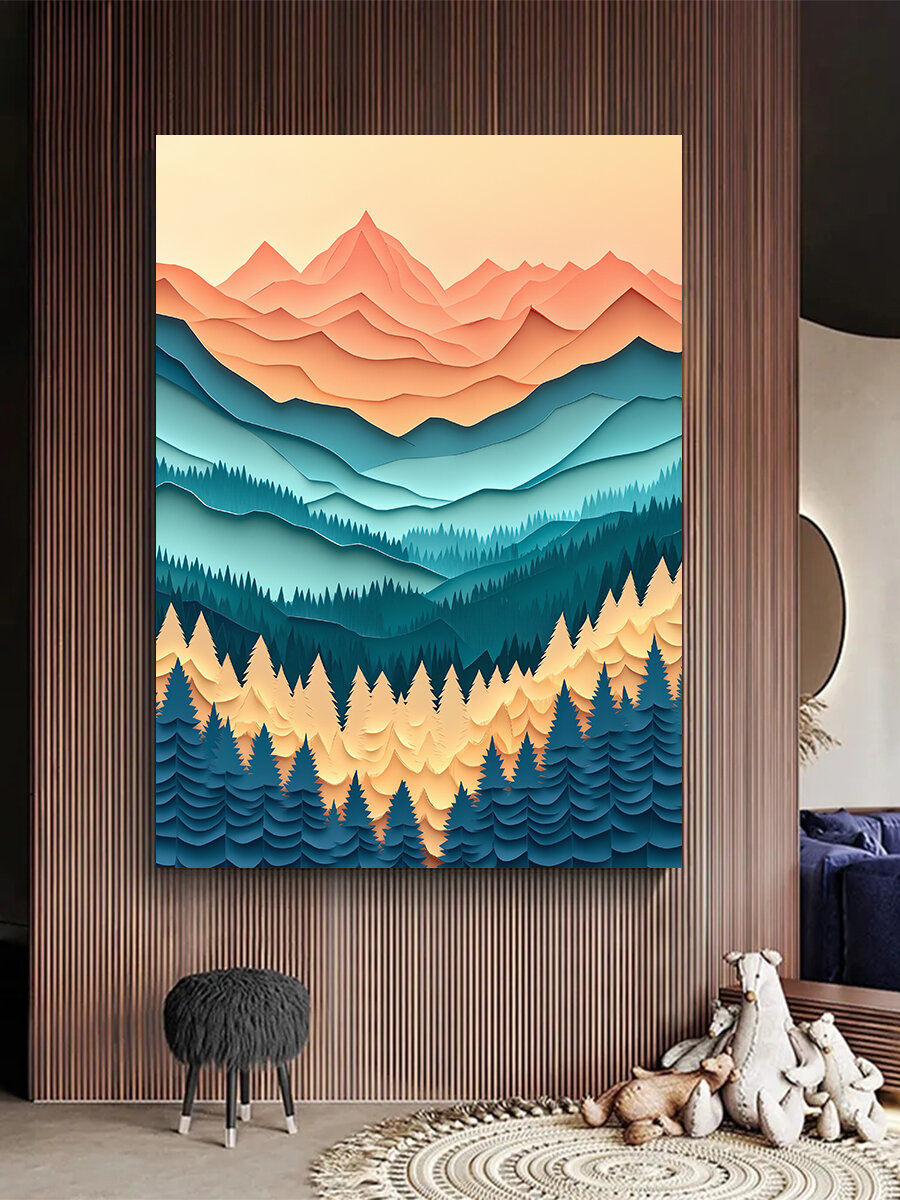 Картина 3Д на стену / природа, горы, солнце, лес, 40х60 см, киригами