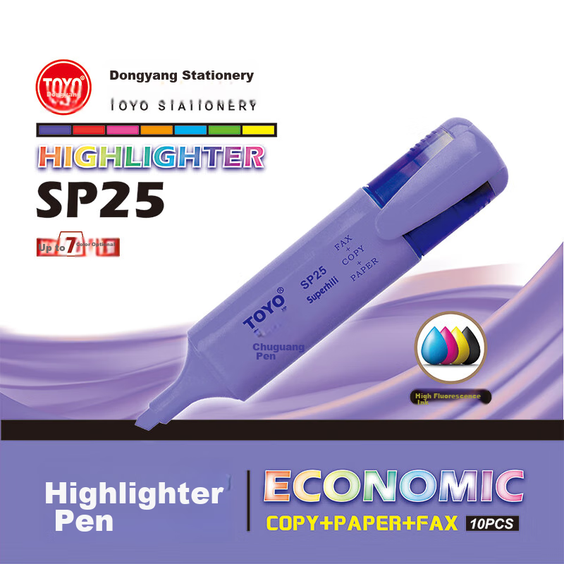 TOYO SP25 Unscented Yellow, Blue, Green, Red, Orange, Purple, Pink Diagonal Tip Large Capacity Student Eye-Protecting Stylish Fluorescent Pen Marking Quick-Drying Set, 10 Pens/box/single Tip, Purple