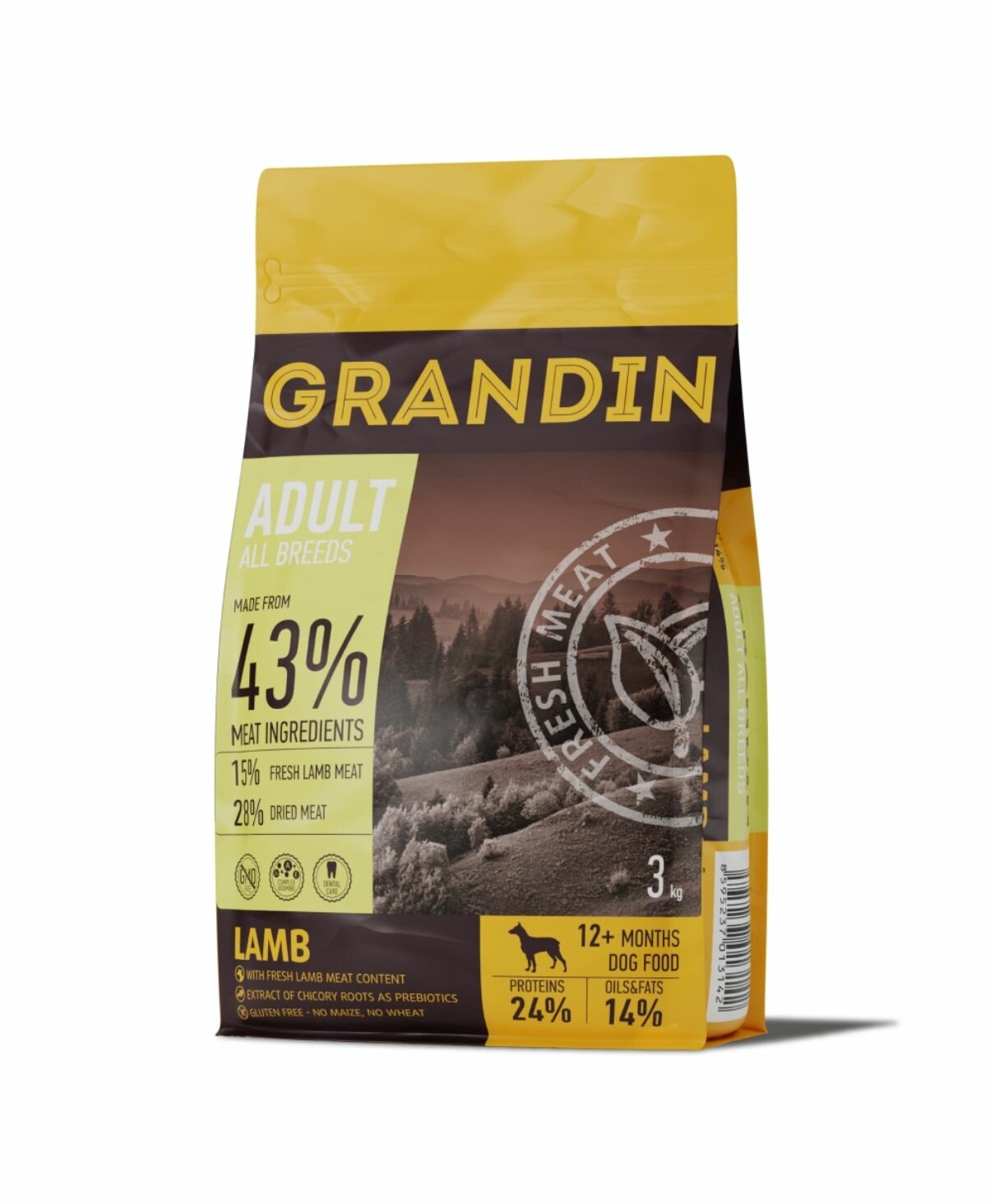 Сухой корм Grandin для взрослых собак всех пород, с ягненком, 3 кг