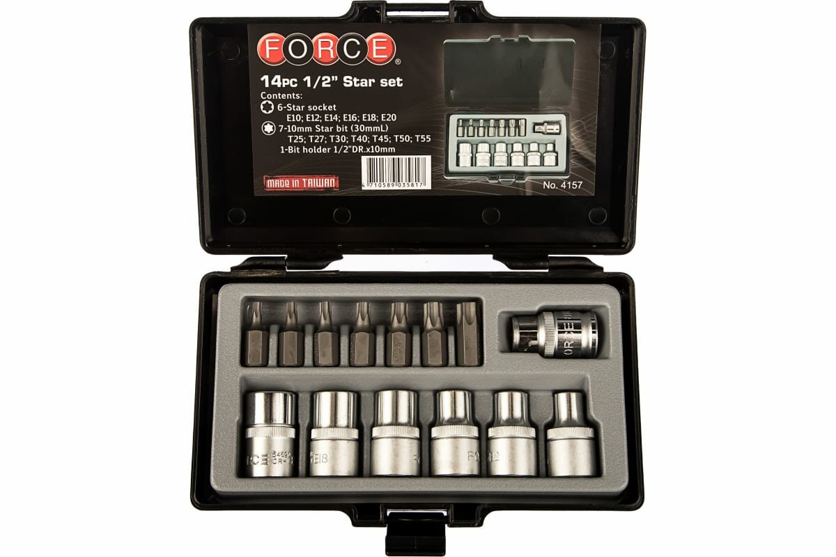 FORCE Набор торцевых головок и вставок 1/2"DR Е-профиль, TORX 14пр. F-4157