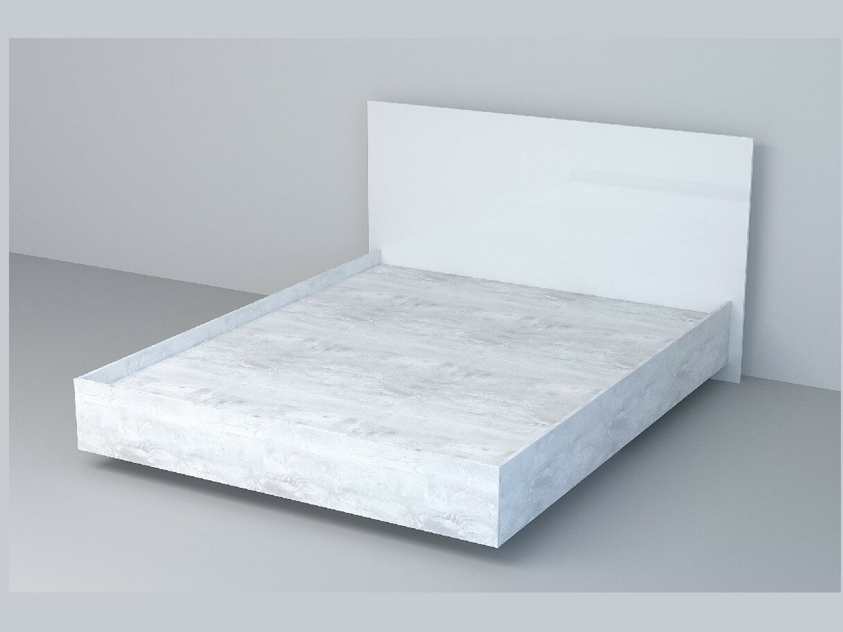 Кровать в современном стиле, 160х200, настил ЛДСП, бетон светлый/белый глянец