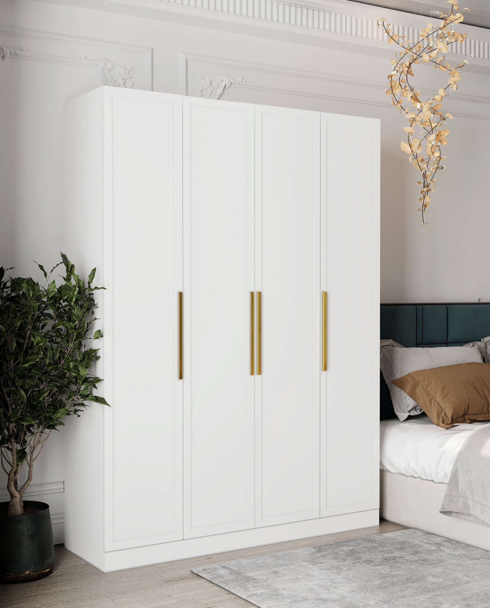Шкаф для одежды Surafasad "Эрин", четырёхстворчатый, белый, с ручками под золото