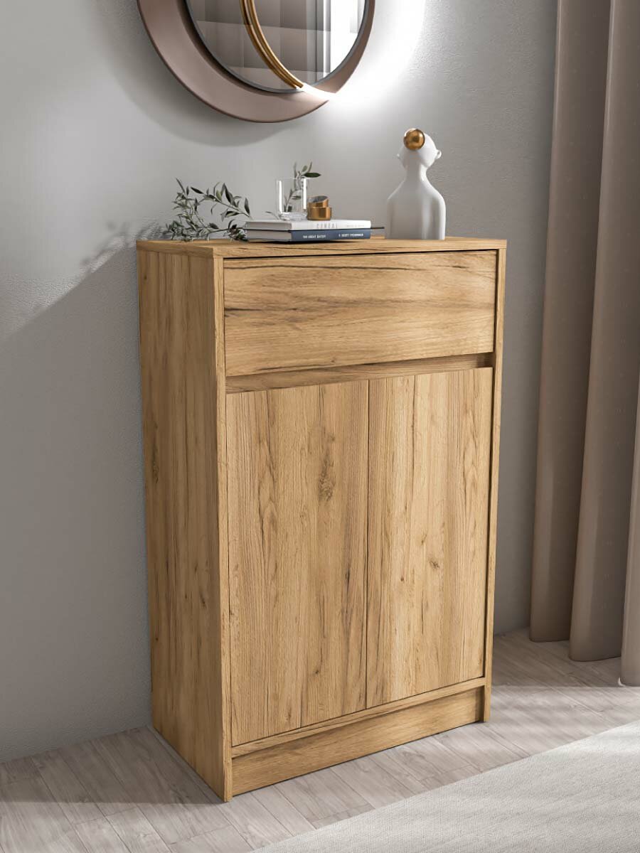 Комод для вещей деревянный в прихожую с ящиком и дверками 60*97*33.4, дуб крафт золотой