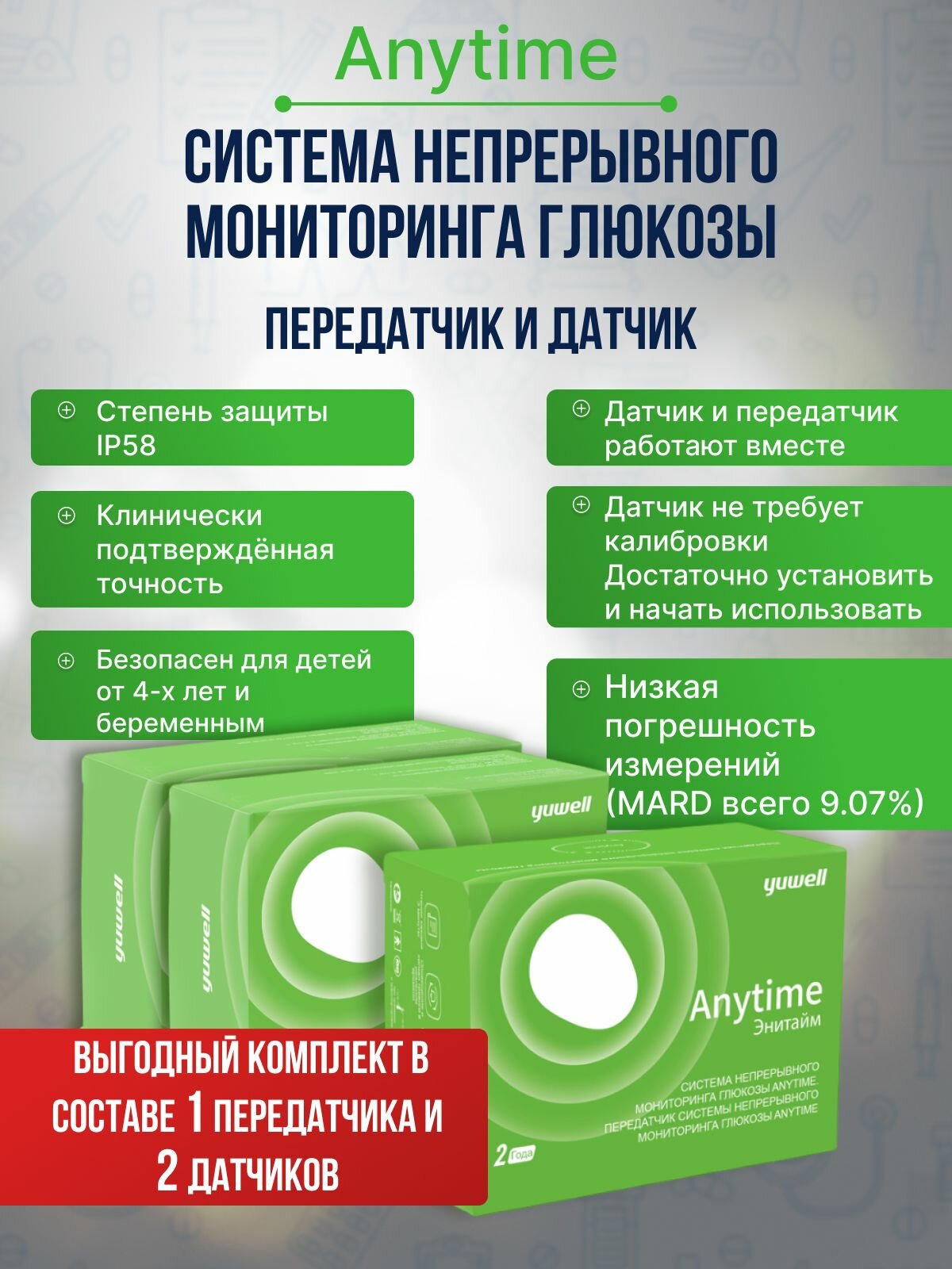 Система непрерывного мониторинга глюкозы ANYTIME (Энитайм) Yuwell (передатчик+датчик 2 шт)