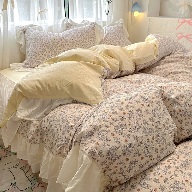 Комплект постельного белья Hepburn Feng Shui из четырех предметов из стираного хлопка, пододеяльник с кружевом в стиле принцессы, простыни и пододеяльники с осенним цветочным рисунком,180*220cm