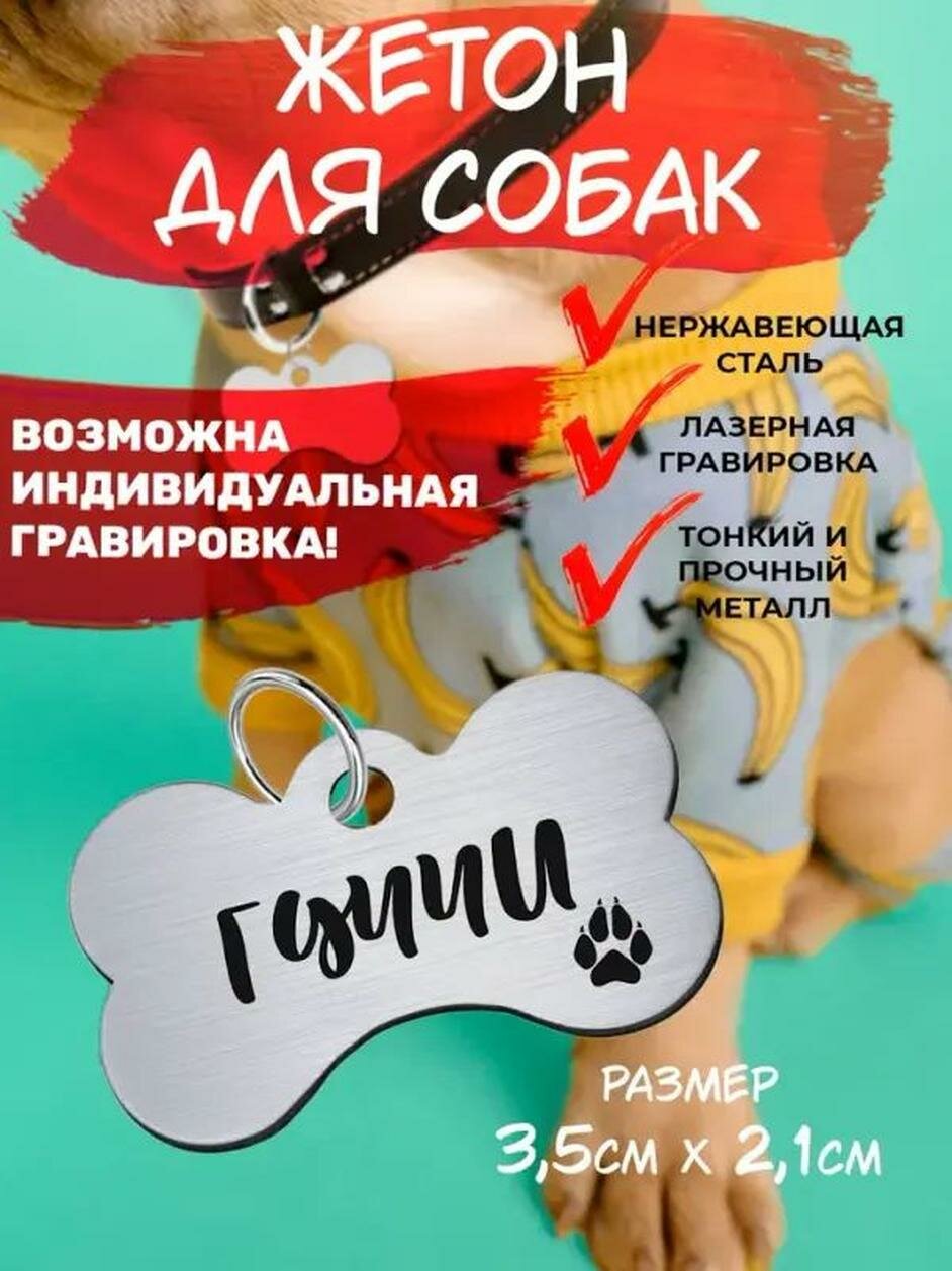 Адресник для собаки с гравировкой, нерж. сталь, серебристый, Гуччи