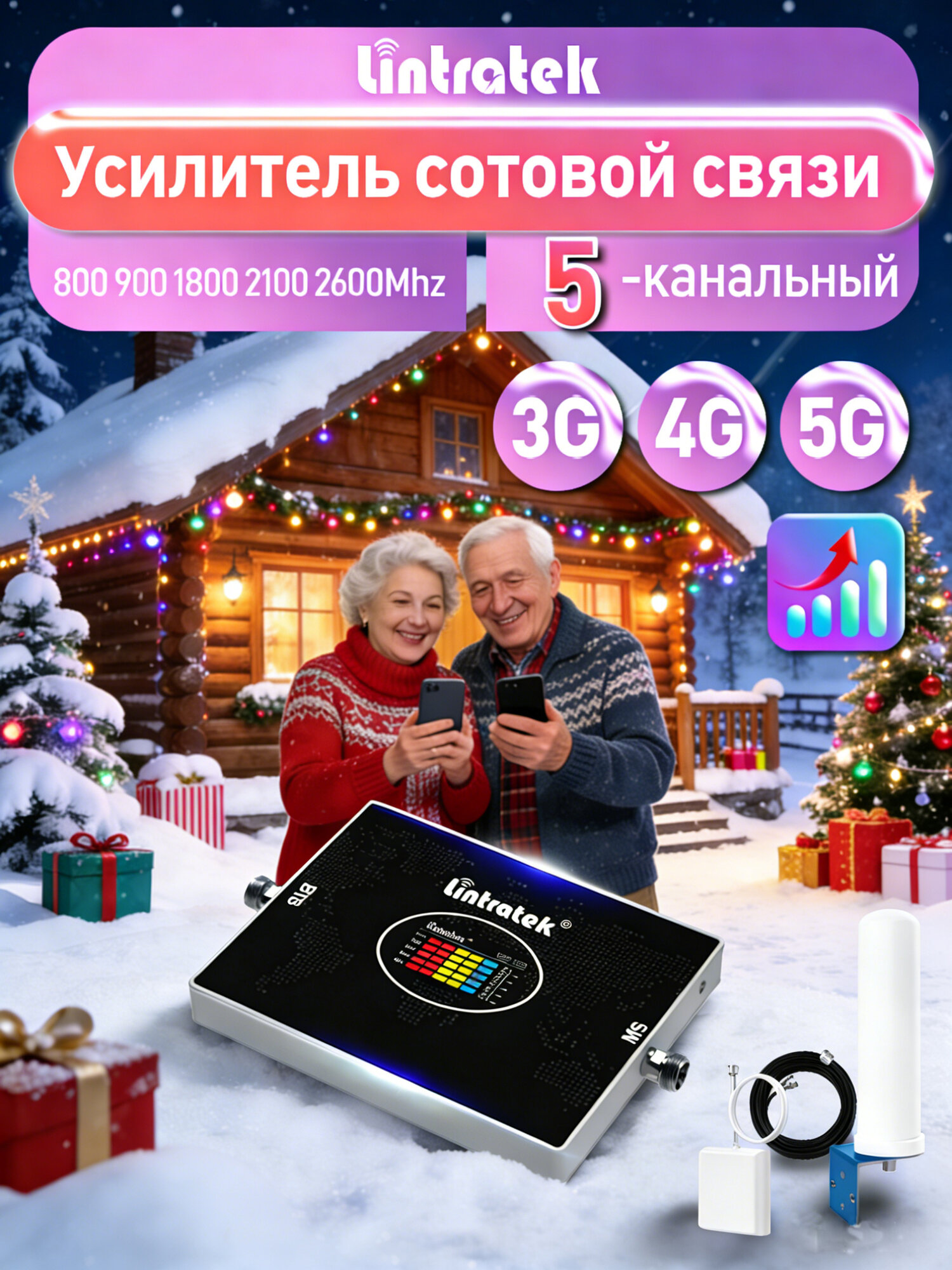 Репитер сотовой связи, Усилитель 4G Сигнала,2G 3G 4G 5G,2 антенны 15м кабель простая установка для дома