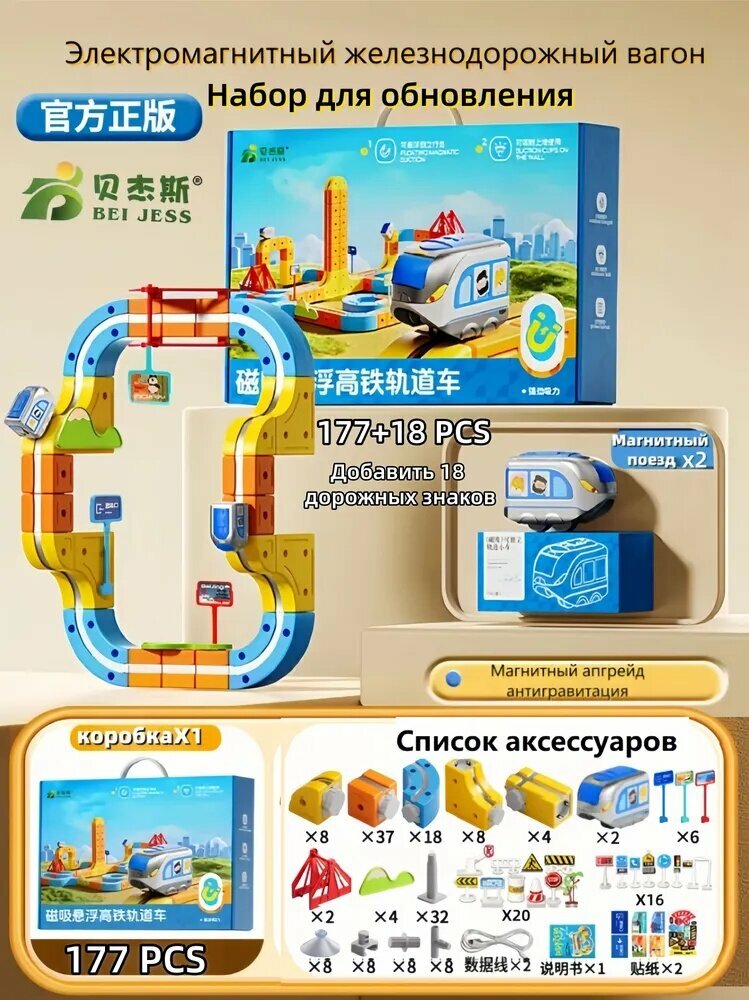 Конструктор "Магнитный путевой поезд", 177 деталей, 3D-модель, 2 небольших поезда