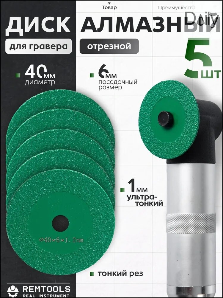 Алмазный диск для гравера 40мм x 1мм x 10мм, для сухой резки, универсальный, 5 шт в комплекте