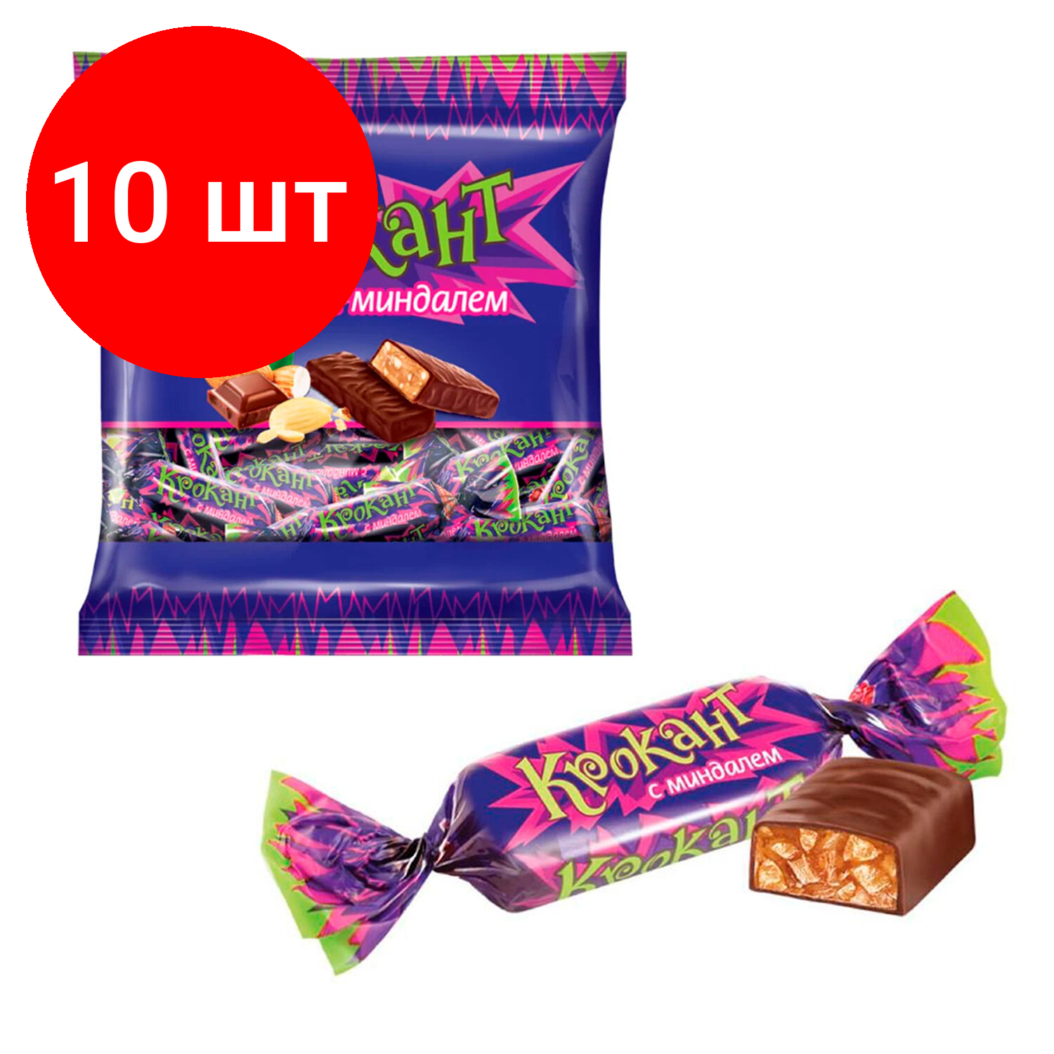 Комплект 10 шт, Конфеты шоколадные яшкино "Крокант", грильяж с миндалём и арахисом, пакет, 500г, ш/к, НК555