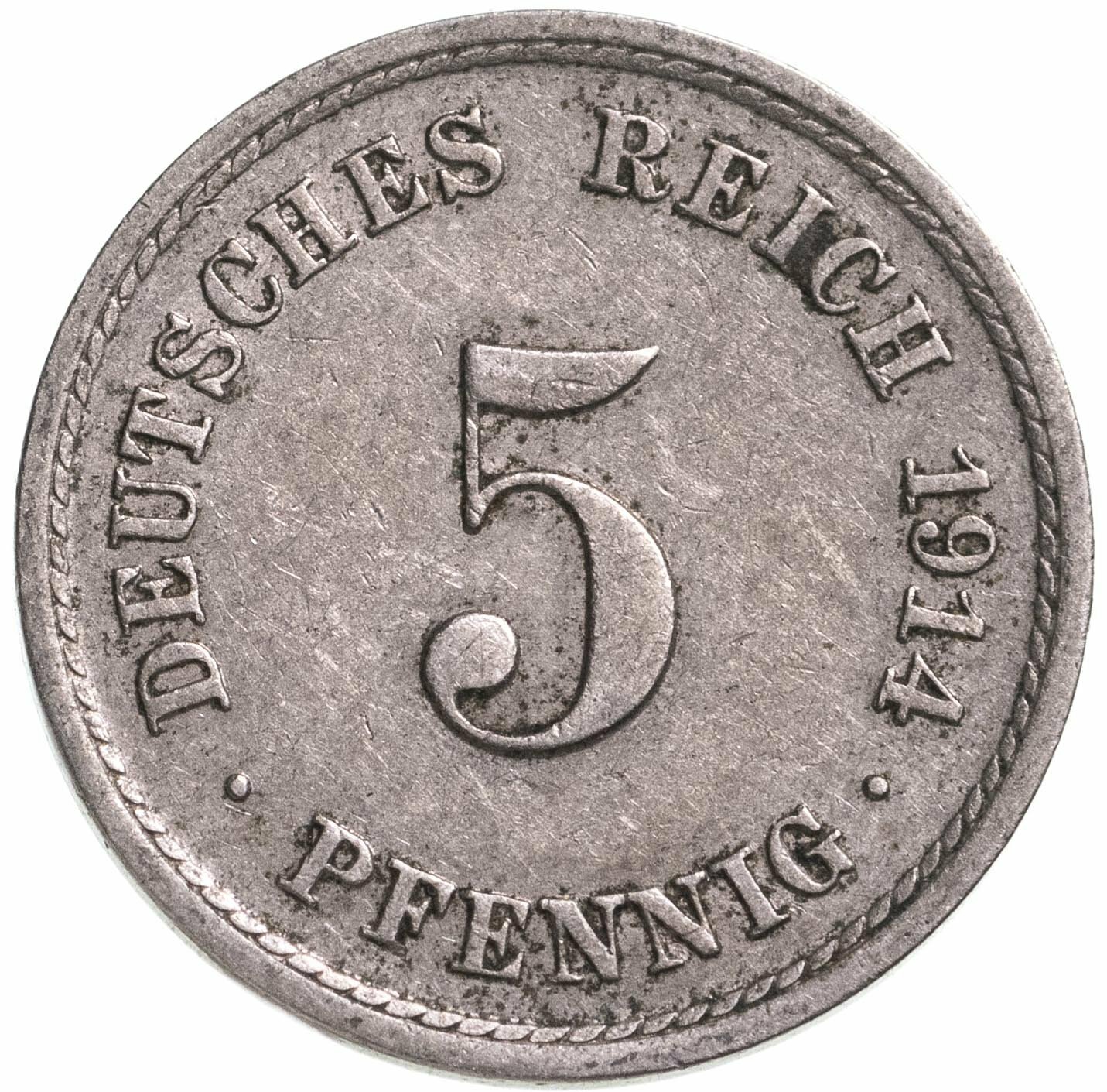 Германия 5 пфеннигов 1914, знак монетного двора: "A" - Берлин, Никель, в сохранности XF