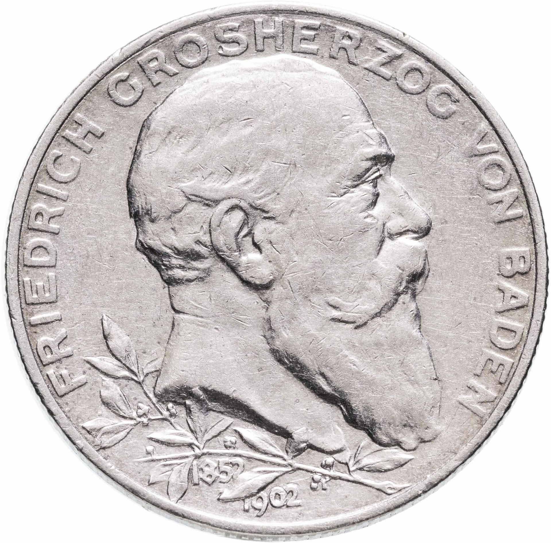 Германская Империя, Баден 2 марки 1902 "50-летие правления Фридриха I", Серебро 900, в сохранности XF