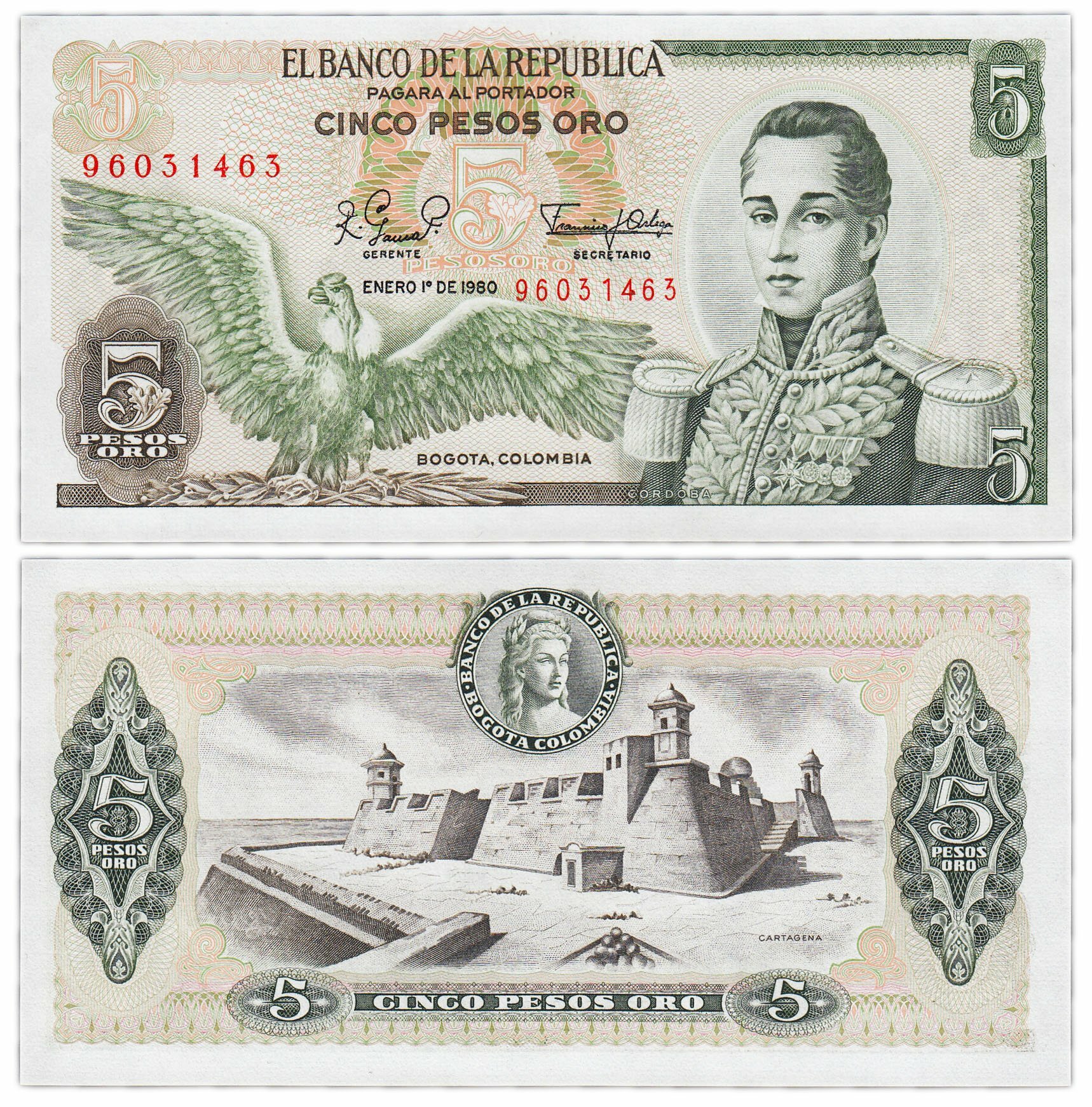 Колумбия 5 песо 1980 год Pick 406 f