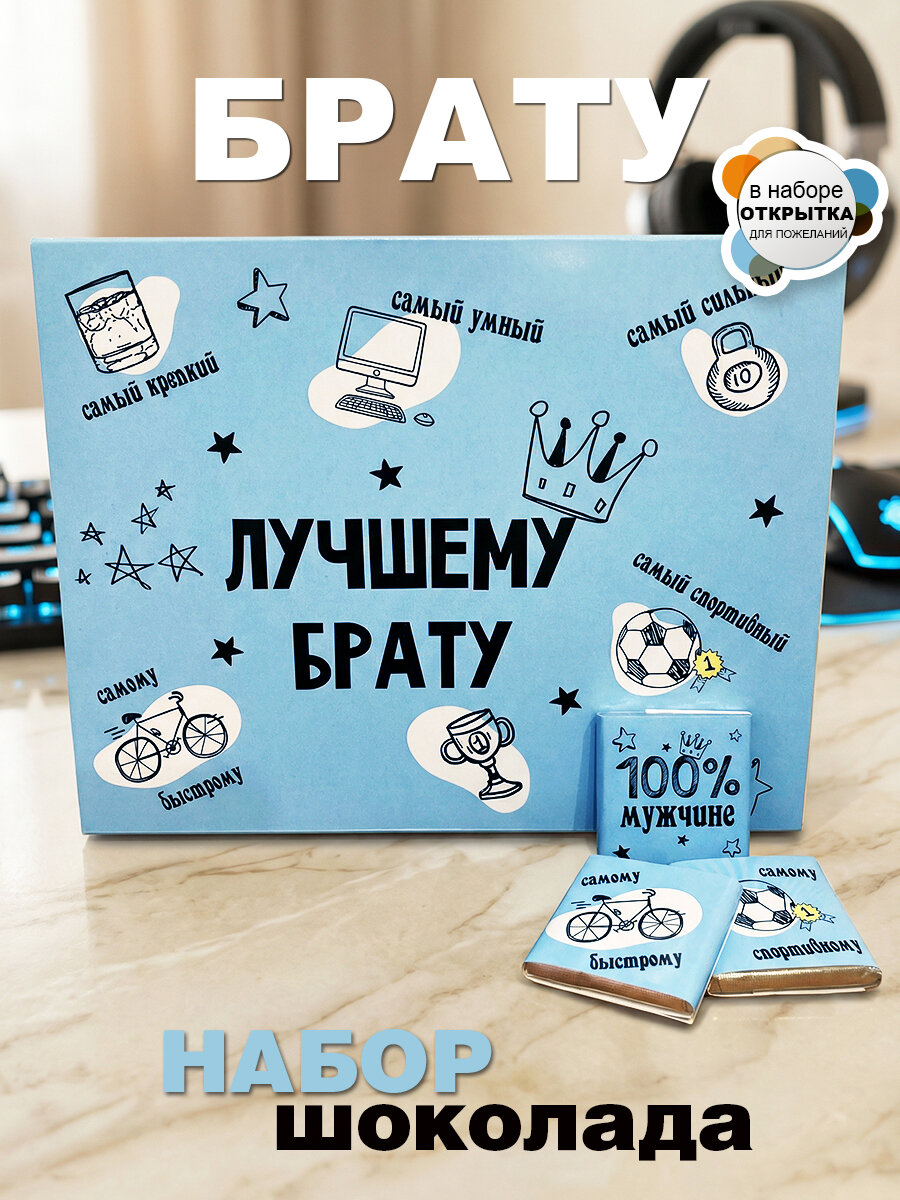 Набор шоколадок Брату на день рождения, молочный, 12 шоколадок с открыткой в подарочной коробке